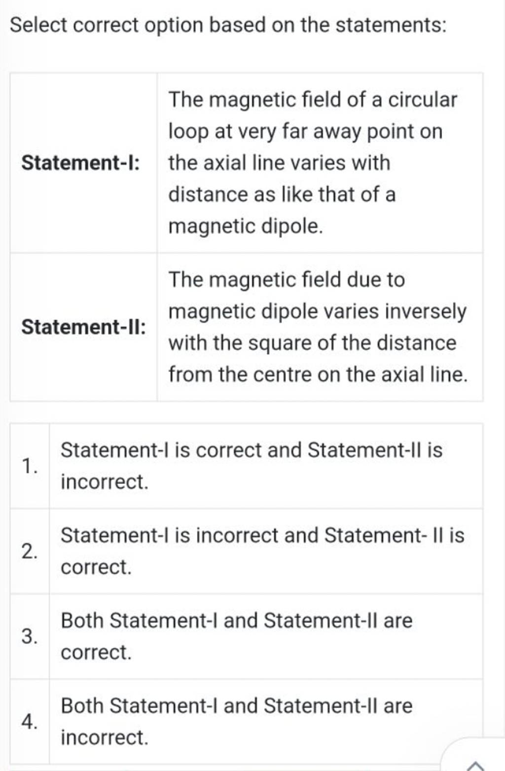 Select correct option based on the statements: The magnetic field of a ci..