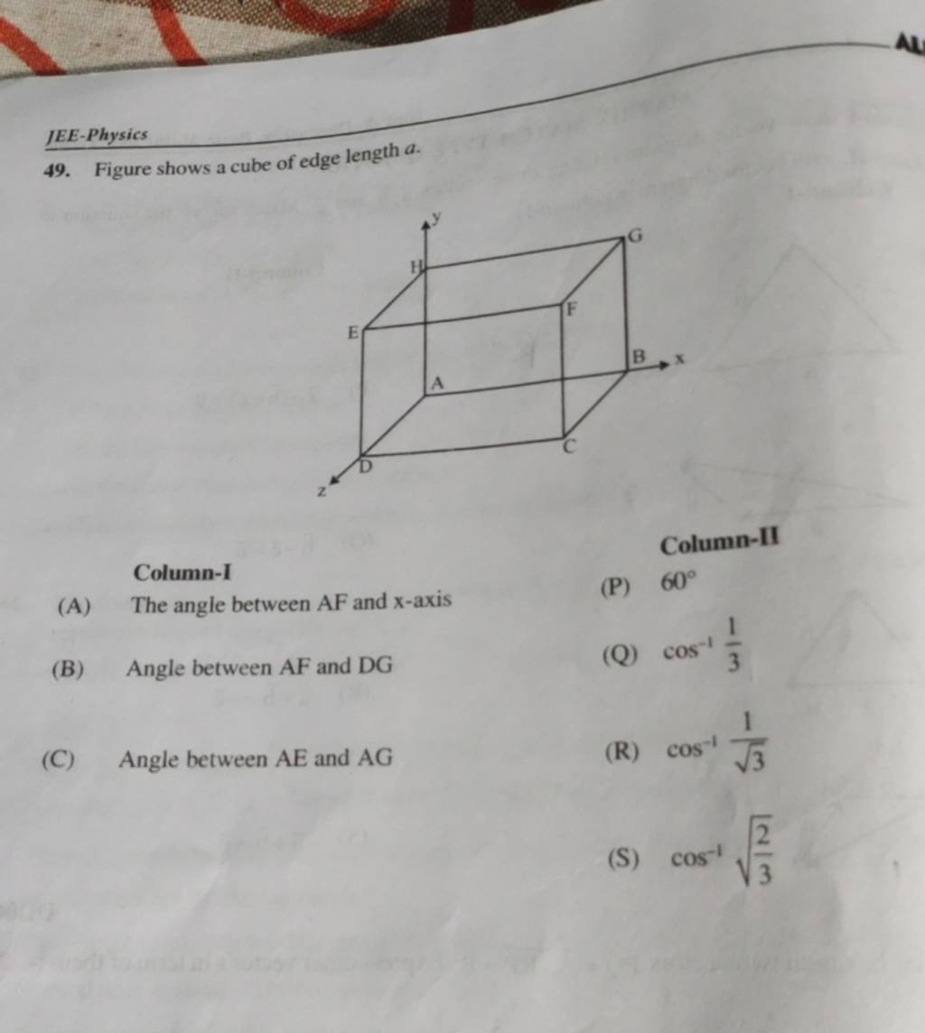 JEE-Physics 49. Figure shows a cube of edge length a. Column-II Column-I