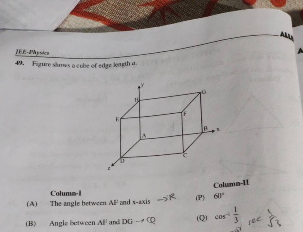 JEE-Physics 49. Figure shows a cube of edge length a. Column-I (A) The an..