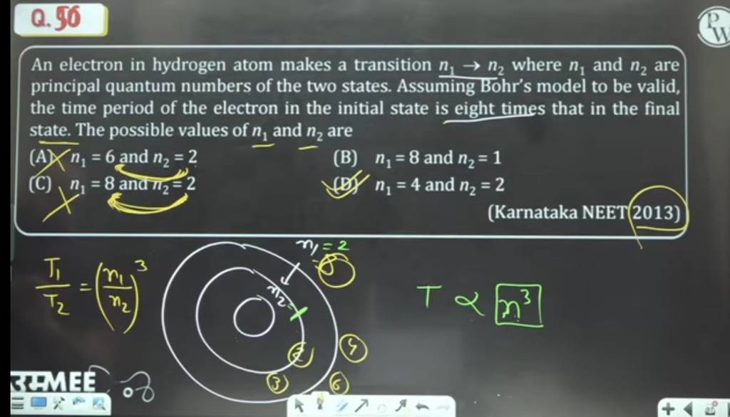 Q. 56 An electron in hydrogen atom makes a transition n1 →n2 where n1 a..