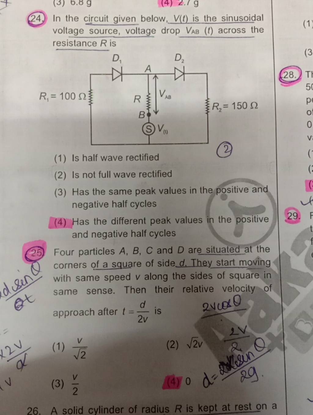 24. In the circuit given below, V(t) is the sinusoidal voltage source, vo..