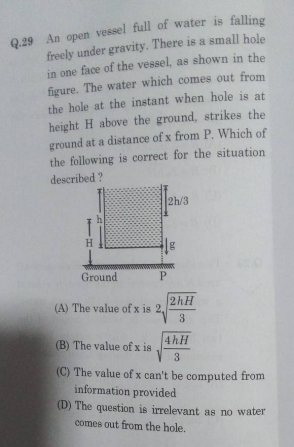 Q.29 An open vessel full of water is falling freely under gravity. There