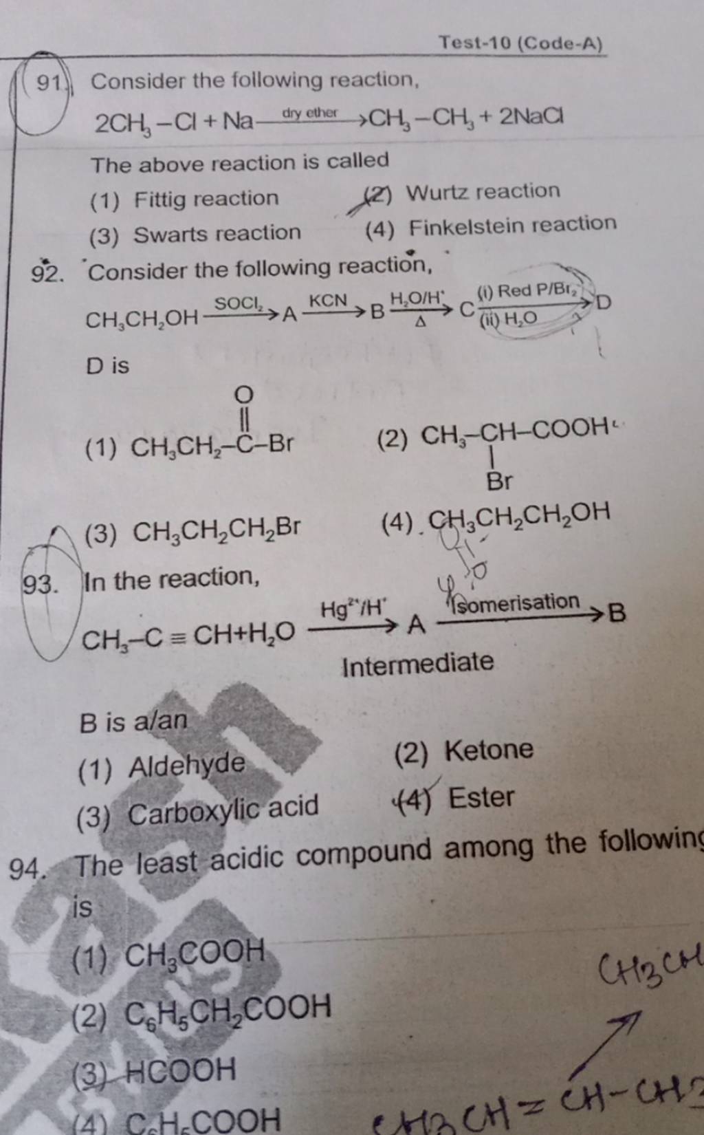 Consider the following reaction, CH3 CH2 OH SOCl2 A KCN BΔH2 O/H∗ C( (ii..