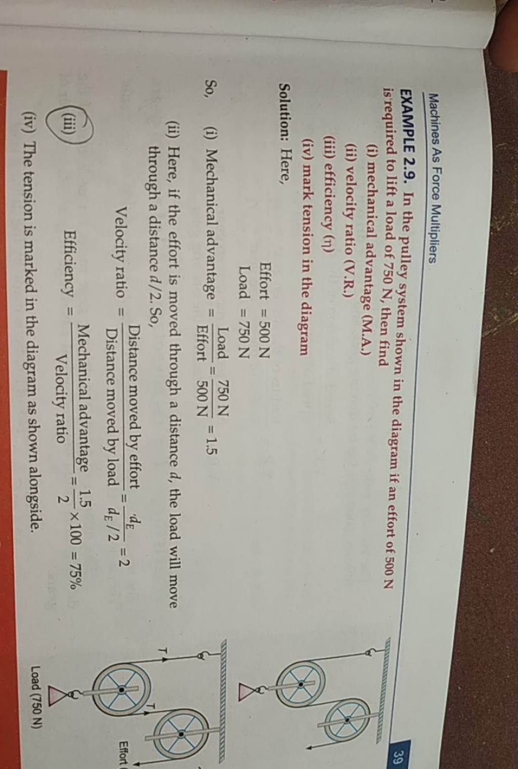 Machines As Force Multipliers EXAMPLE 2.9. In the pulley system shown in