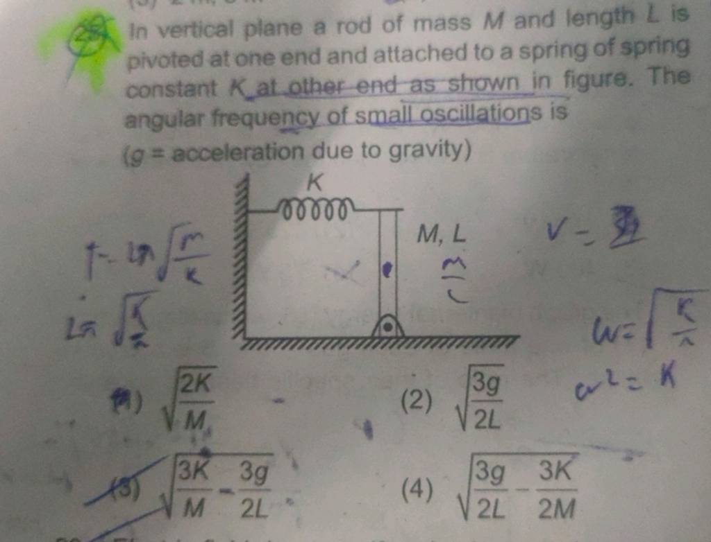 In vertical plane a rod of mass M and length L is pivoted at one end and