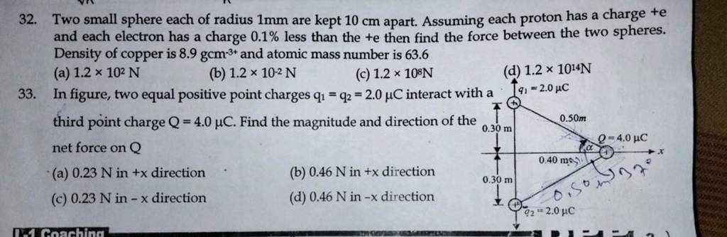 In figure, two equal positive point charges q1 =q2 =2.0μC interact with a..