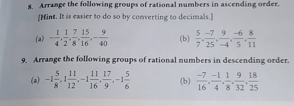8. Arrange the following groups of rational numbers in ascending order.