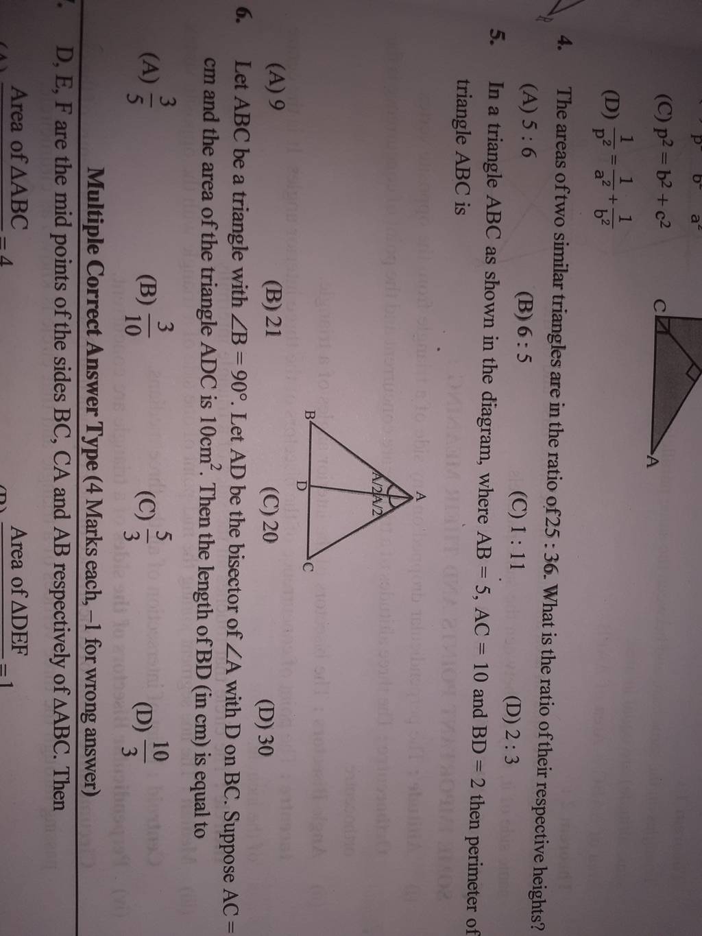 In a triangle ABC as shown in the diagram, where AB=5,AC=10 and BD=2 then..