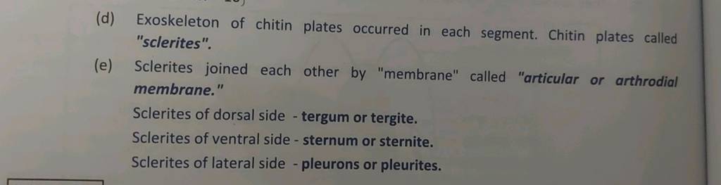 (d) Exoskeleton of chitin plates occurred in each segment. Chitin plates