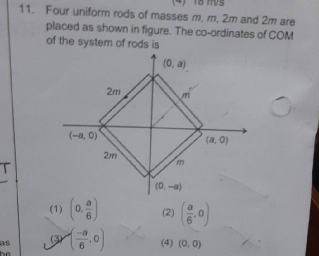 Four uniform rods of masses m,m,2m and 2m are placed as shown in figure.
