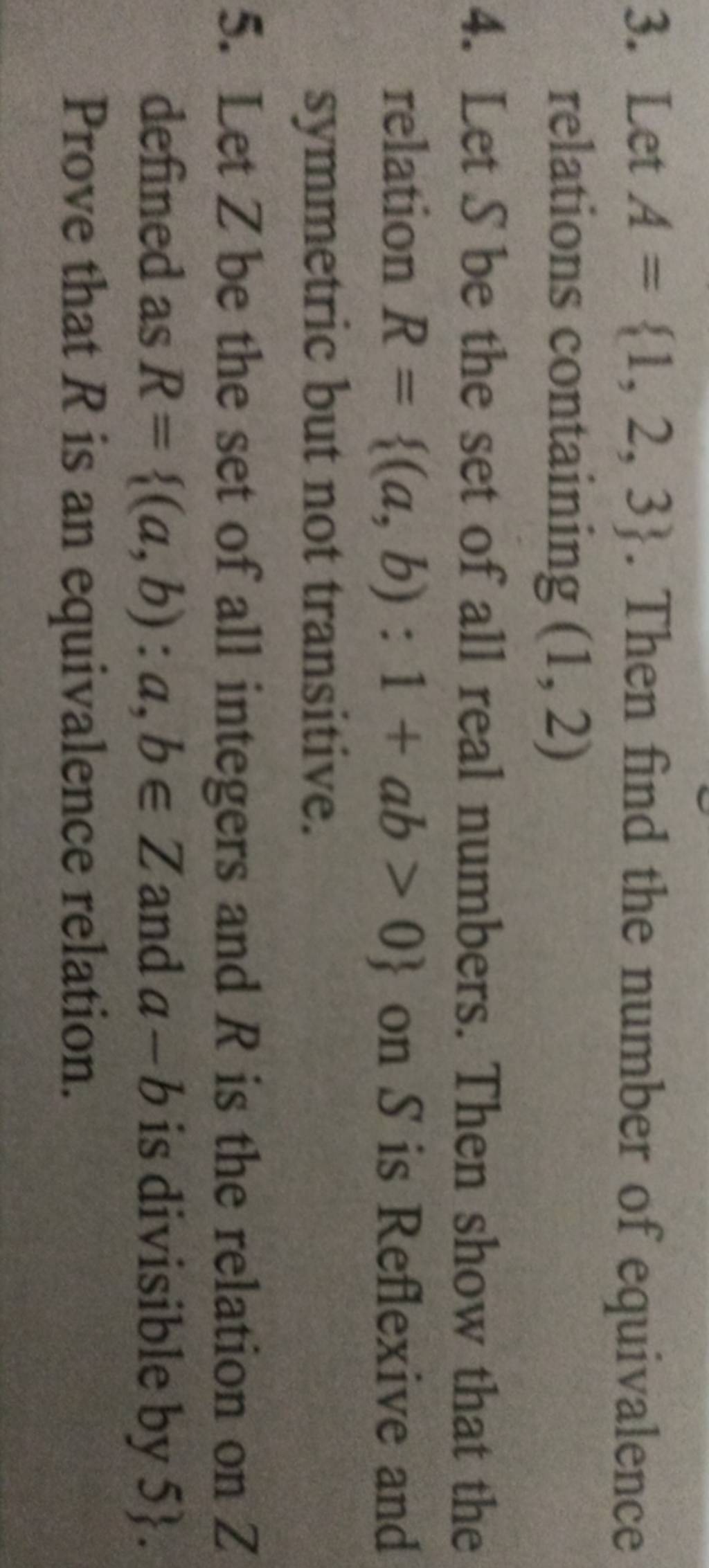 3. Let A={1,2,3}. Then find the number of equivalence relations containin..