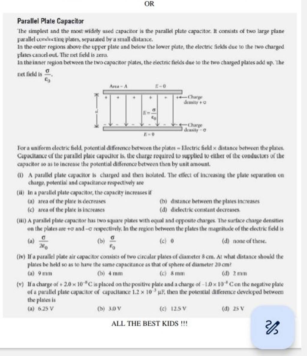 If a parallel plate air capacitor consists of two circular plates of dia..