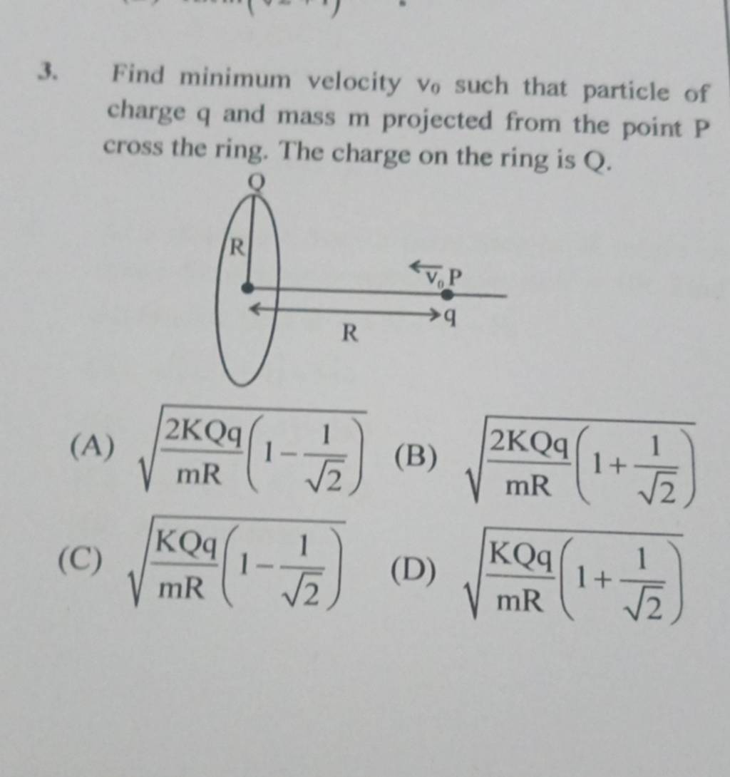 Find minimum velocity v0 such that particle of charge q and mass m proje..