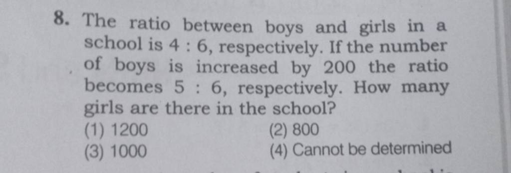 The ratio between boys and girls in a school is 4:6, respectively. If the..