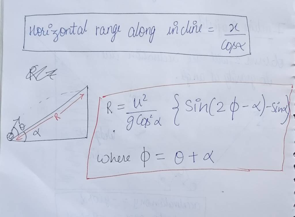 Horizontal range along incline =cosαx R=gcos2αu2 {sin(2ϕ−α)−sinα where ϕ..