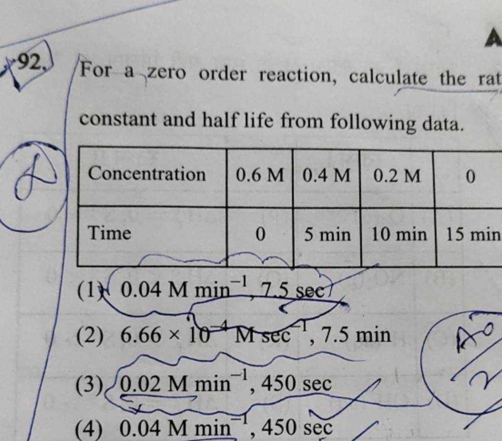 92. For a zero order reaction, calculate the rat constant and half life f..
