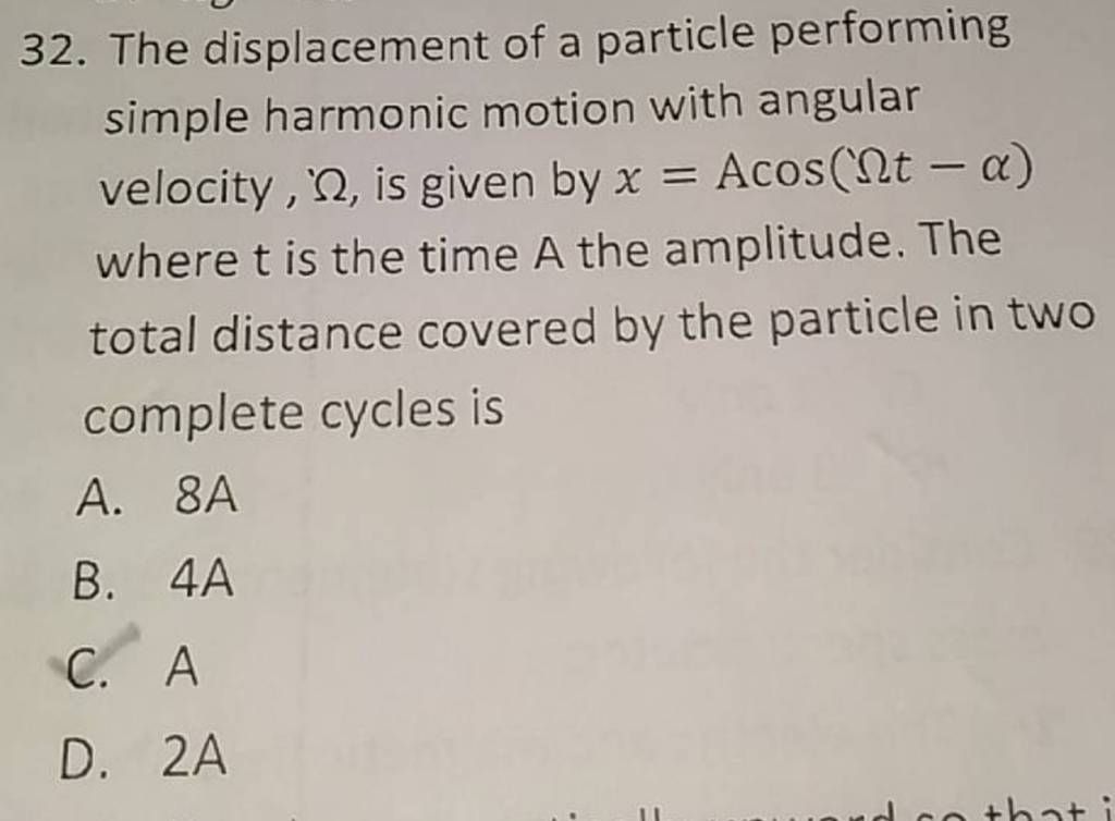 The displacement of a particle performing simple harmonic motion with ang..