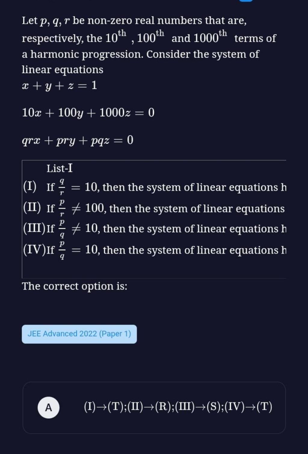 Let p,q,r be non-zero real numbers that are, respectively, the 10th ,100t..