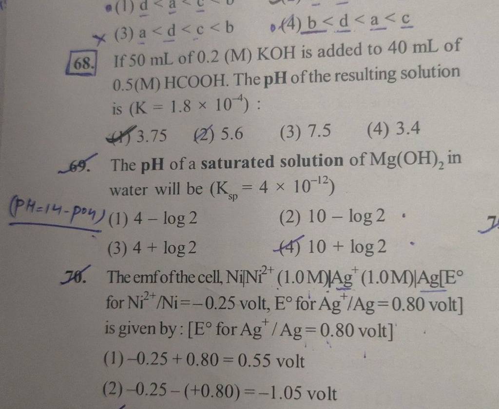 The pH of a saturated solution of Mg(OH)2 in water will be (Ksp =4×10−12..