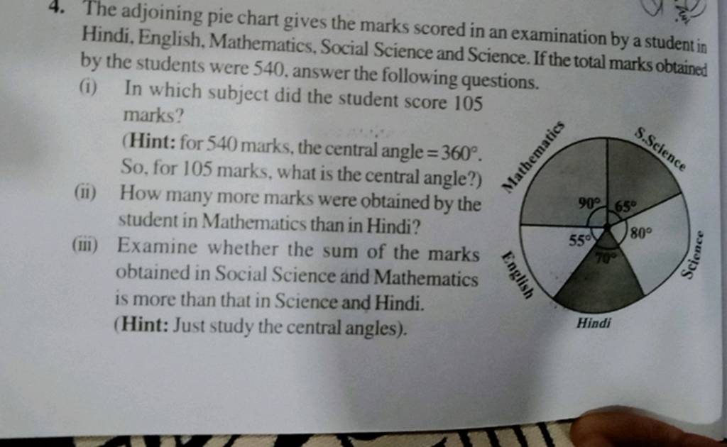 4. The adjoining pie chart gives the marks scored in an examination by a 4. The adjoining pie chart gives the marks scored in an examination by a