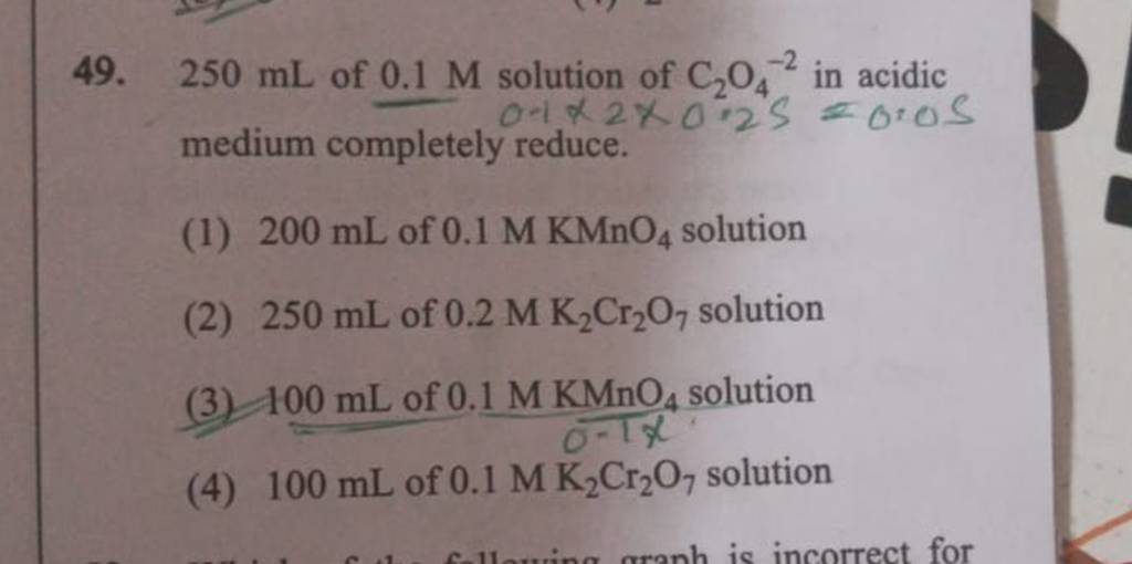 250 mL of 0.1M solution of C2 O4−2 in acidic medium completely reduce...