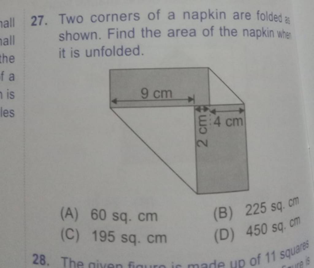 Two corners of a napkin are folded as shown. Find the area of the napkin