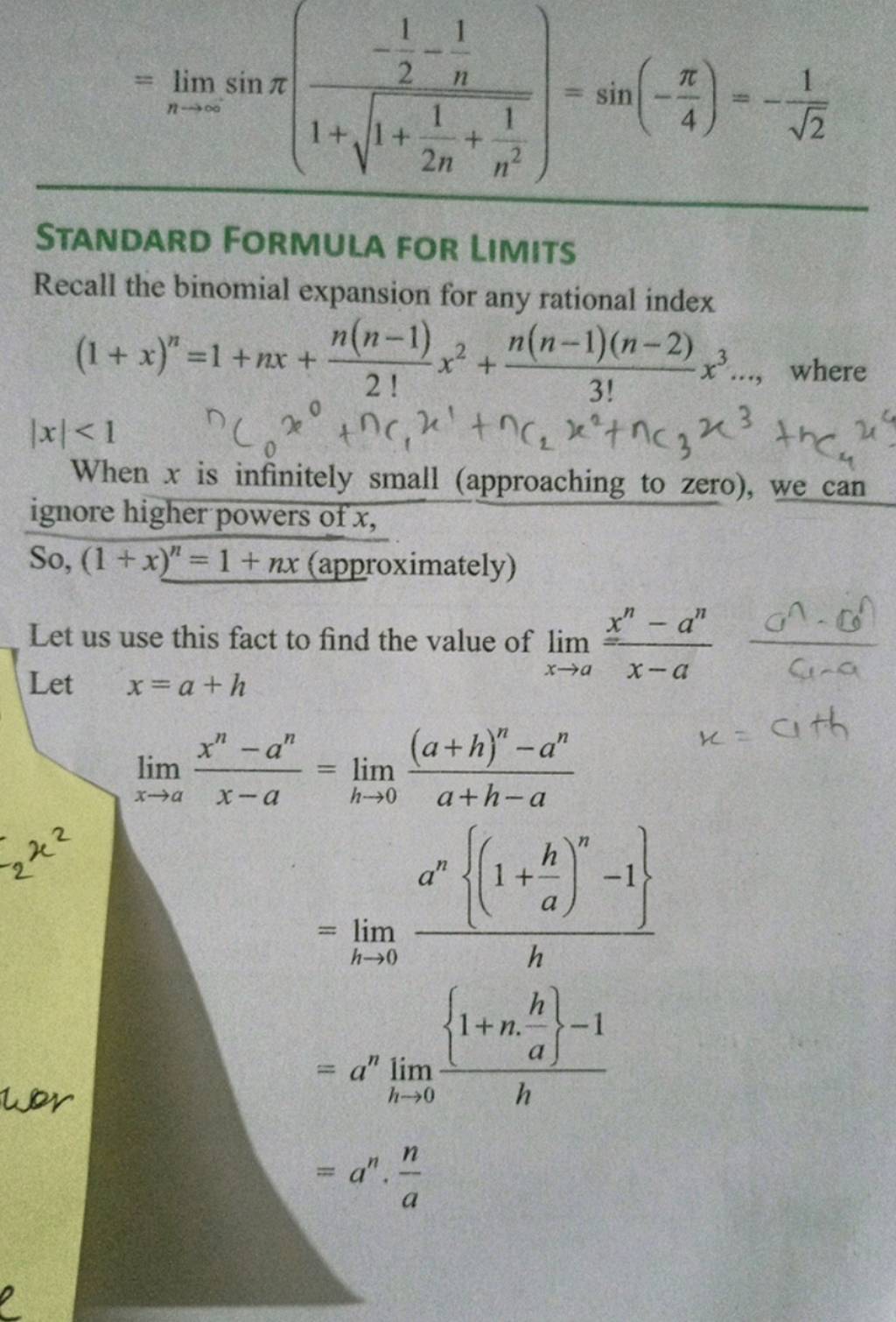 =limn→∞ sinπ(1+1+2n1 +n21 −21 −n1 )=sin(−4π )=−2 1 STANDARD FORMULA FO..