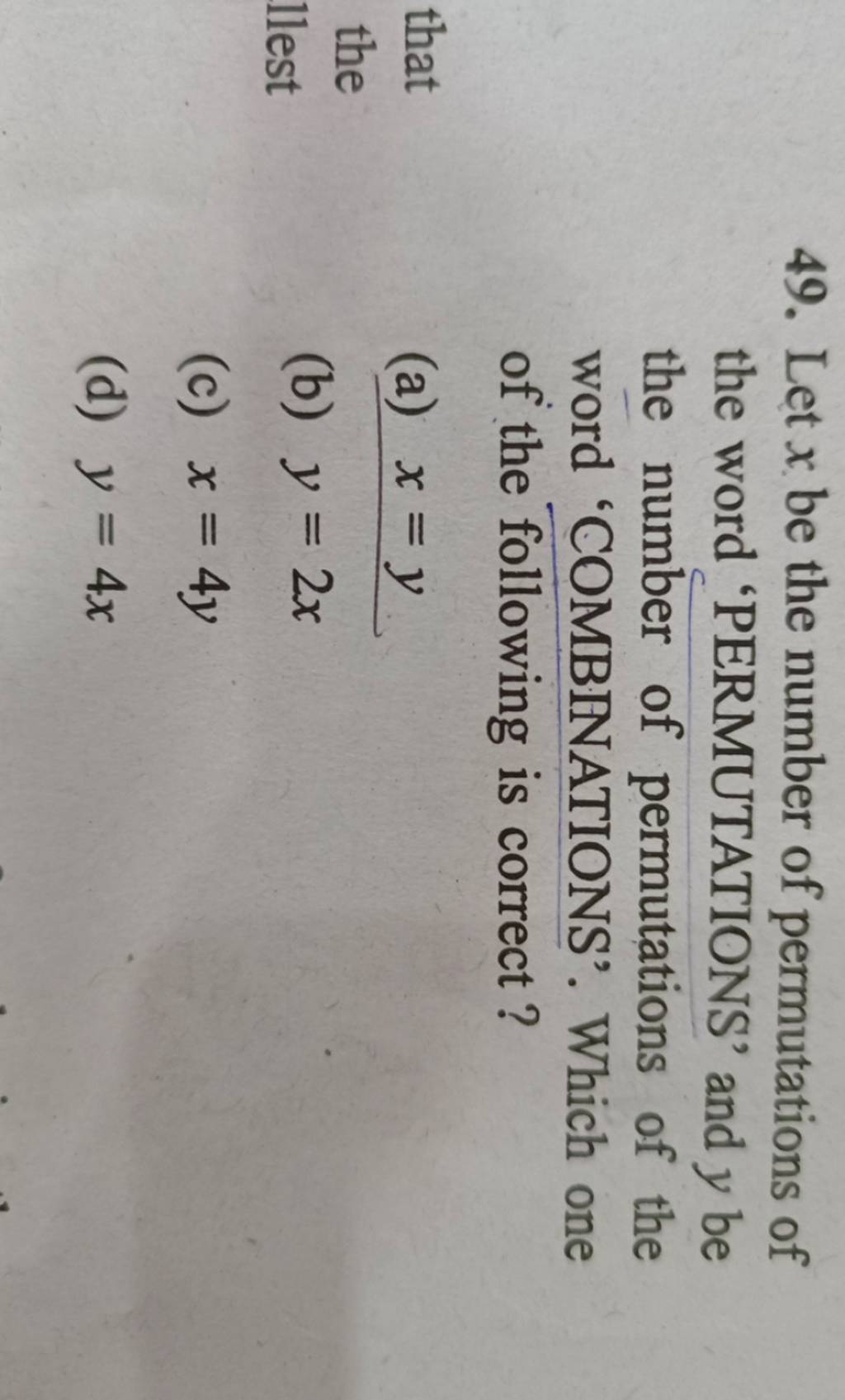 Let x be the number of permutations of the word 'PERMUTATIONS' and y be t..