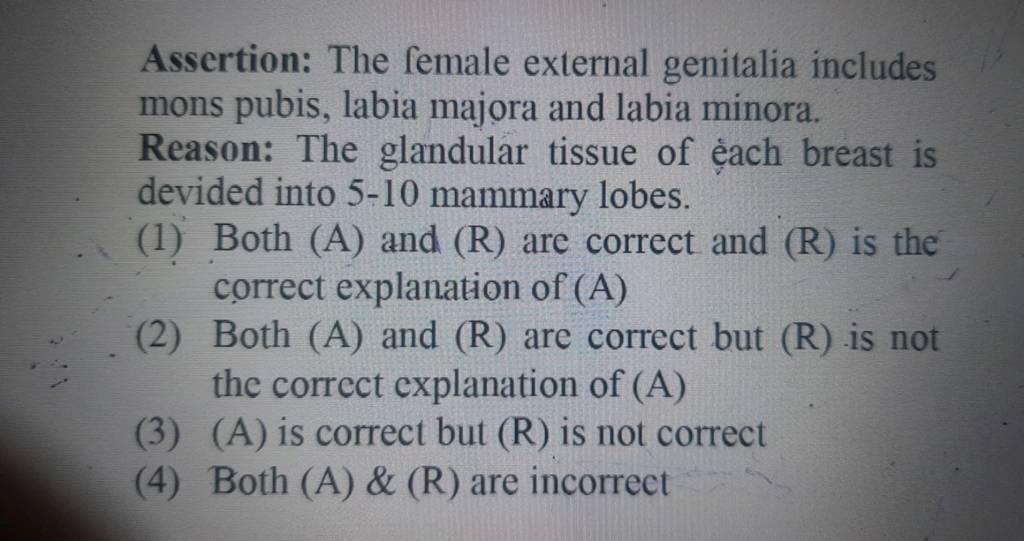 Assertion: The female external genitalia includes mons pubis, labia major..