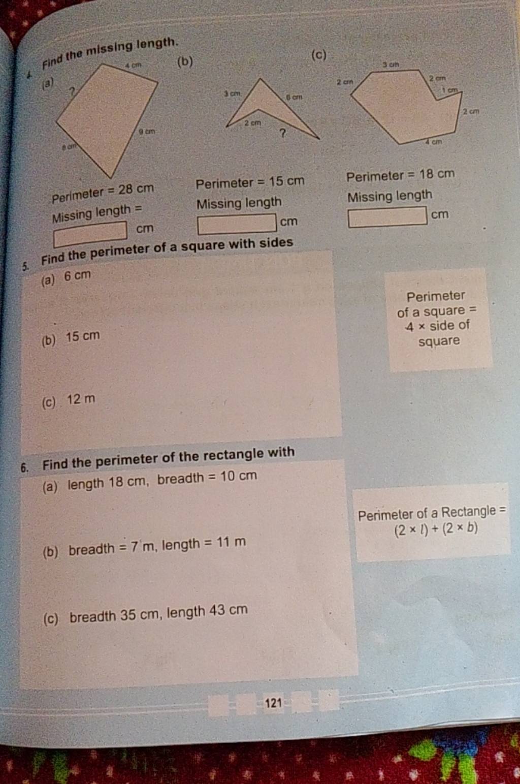 Find the missing length. (b) (c) (3) Perimeter =28 cm Perimeter =15 cm Pe..