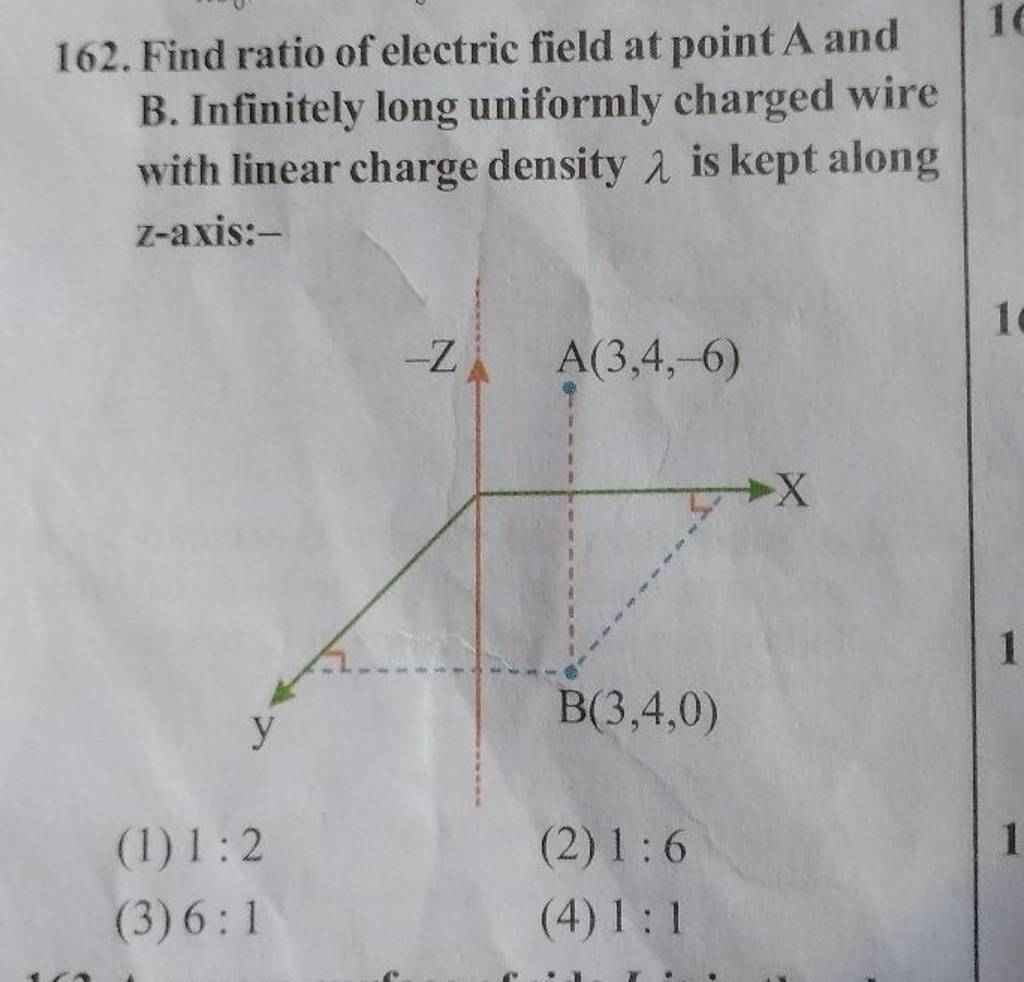 Find ratio of electric field at point A and B. Infinitely long uniformly