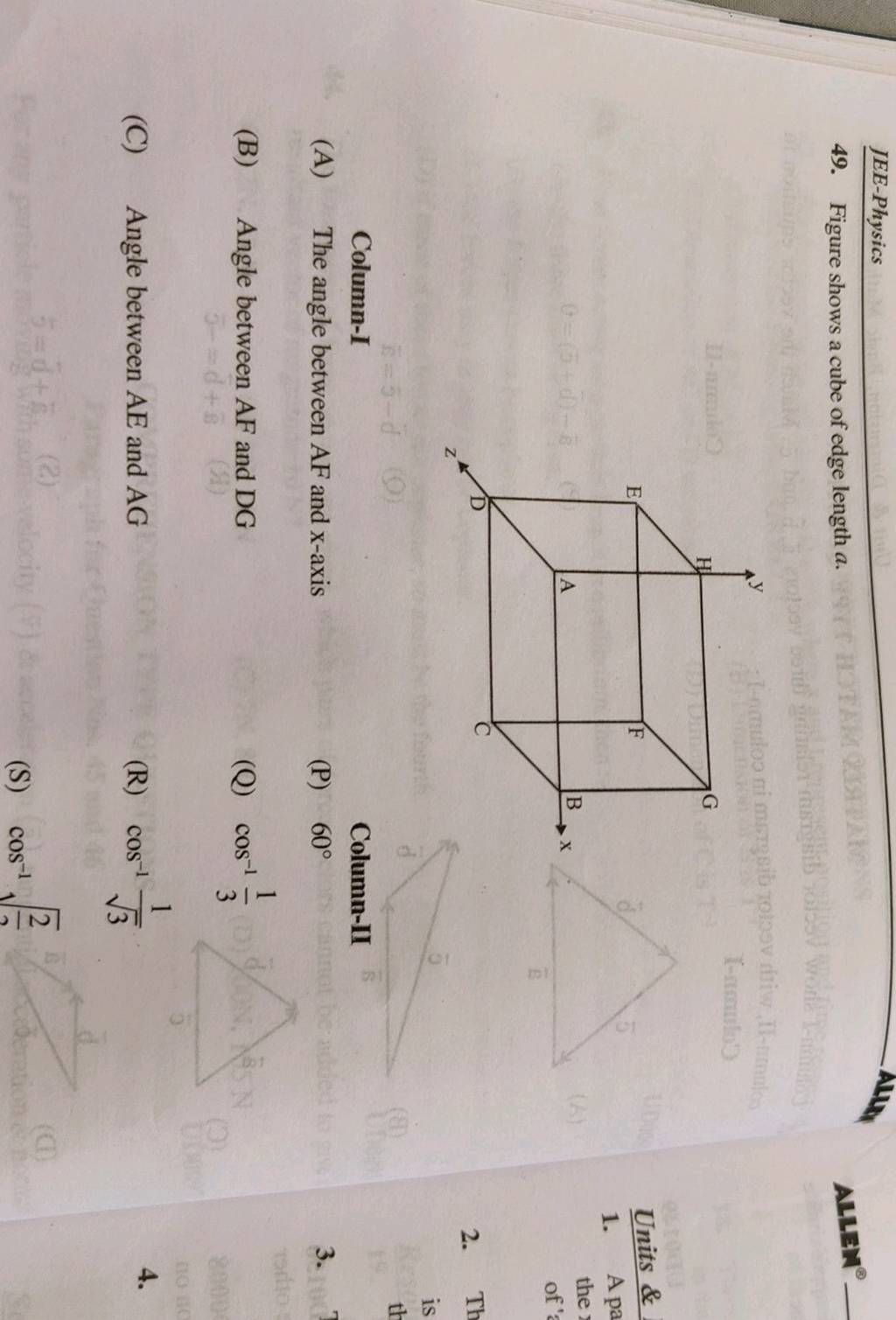 JEE-Physics 49. Figure shows a cube of edge length a. ALLEํ Units \& 1. A..