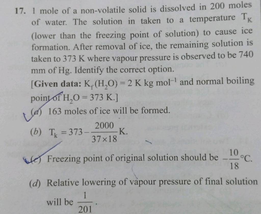 1 mole of a non-volatile solid is dissolved in 200 moles of water. The so..