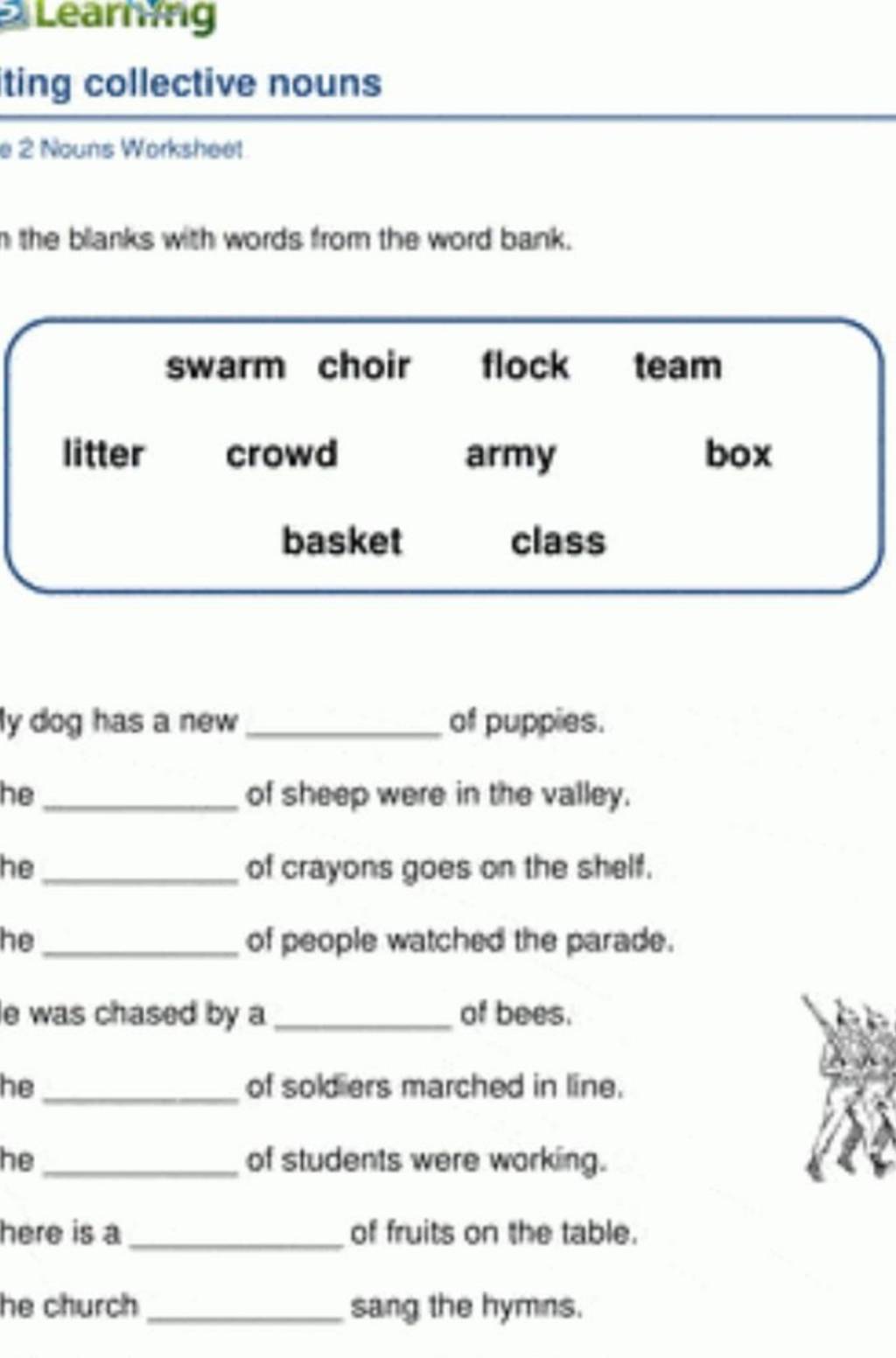 Learing ting collective nouns 2 Nouns Worksheet the blanks with words tro..