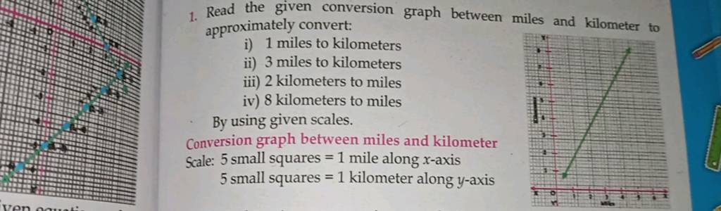 Read the given conversion graph between miles and kilometer to approximat..