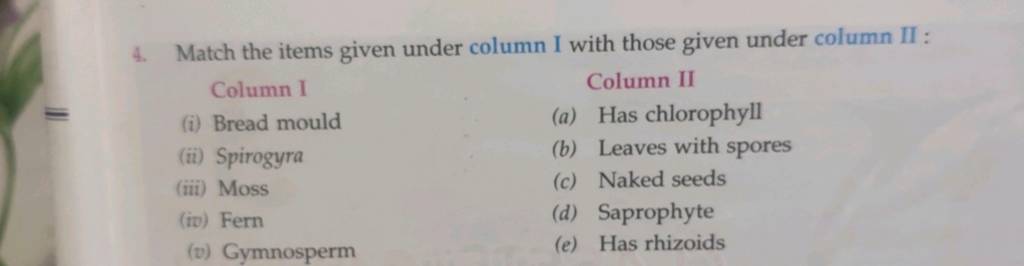4. Match the items given under column I with those given under column II
