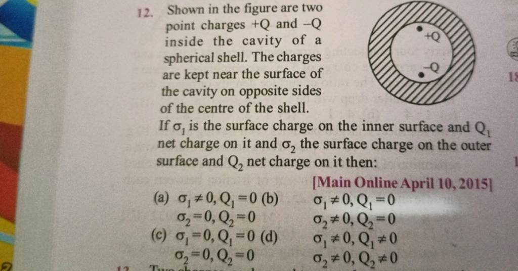 12. Shown in the figure are two point charges +Q and −Q inside the cavity..