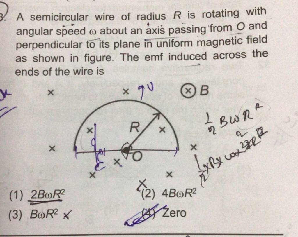A semicircular wire of radius R is rotating with angular spéed ω about an..