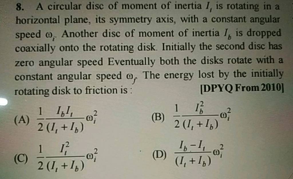 A circular disc of moment of inertia I is rotating in a horizontal plane..