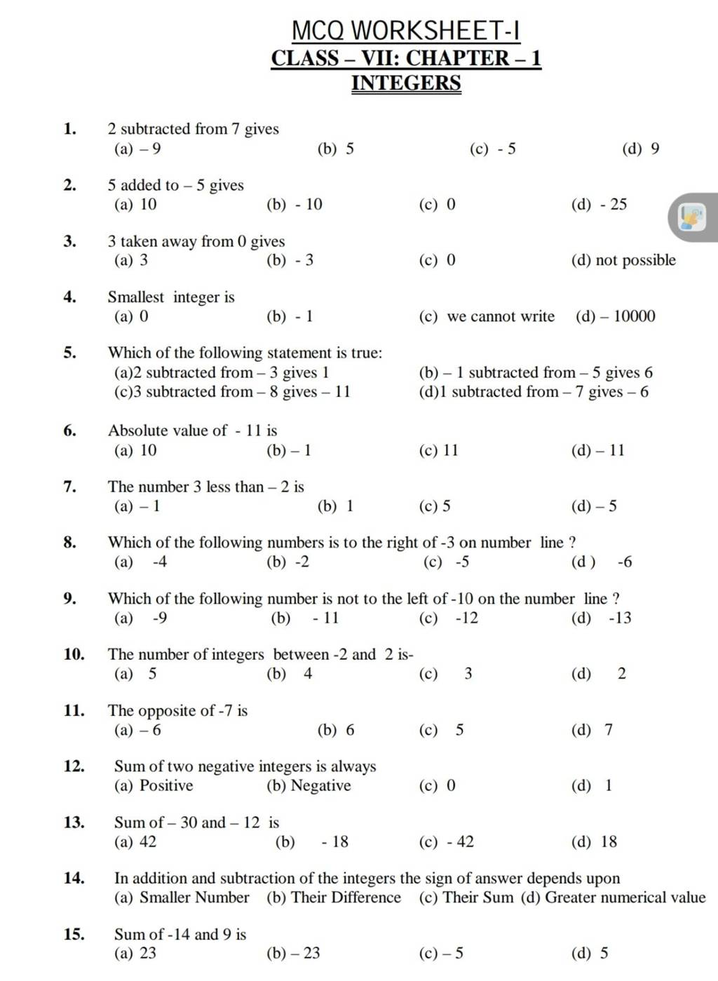 MCQ WORKSHEET I CLASS VII CHAPTER 1 INTEGERS 1 2 Subtracted From 7