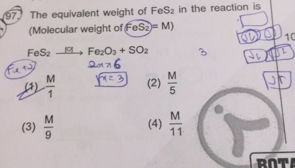 The equivalent weight of FeS2 in the reaction is (Molecular weight of Fe..