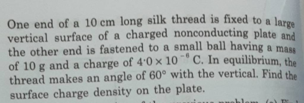One end of a 10 cm long silk thread is fixed to a large vertical surface