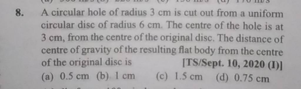 A circular hole of radius 3 cm is cut out from a uniform circular disc of..