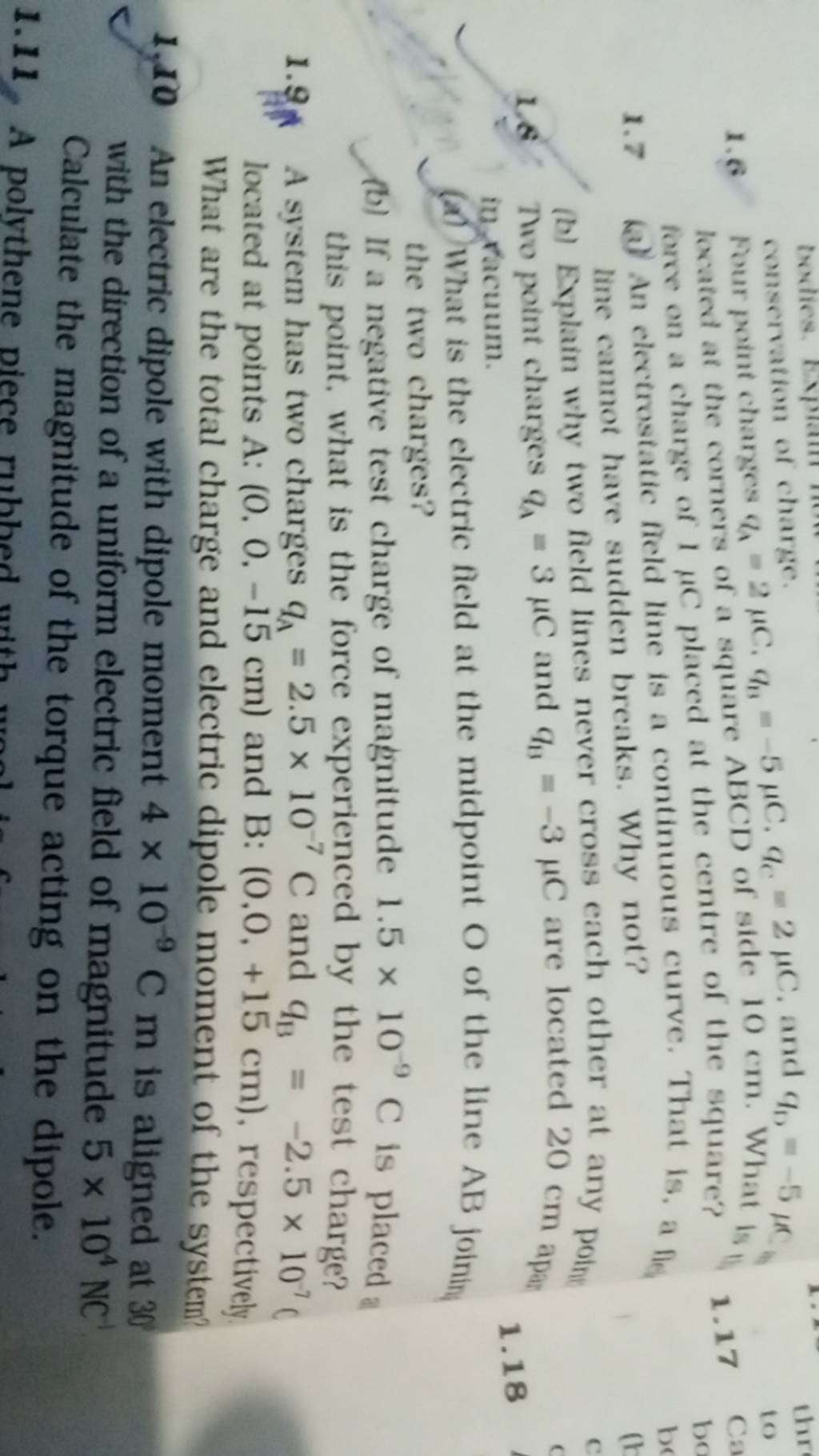 1.6 Four point changes qA =2μC,qB =−5μC,qC =2μC, and qD =−5μC located at