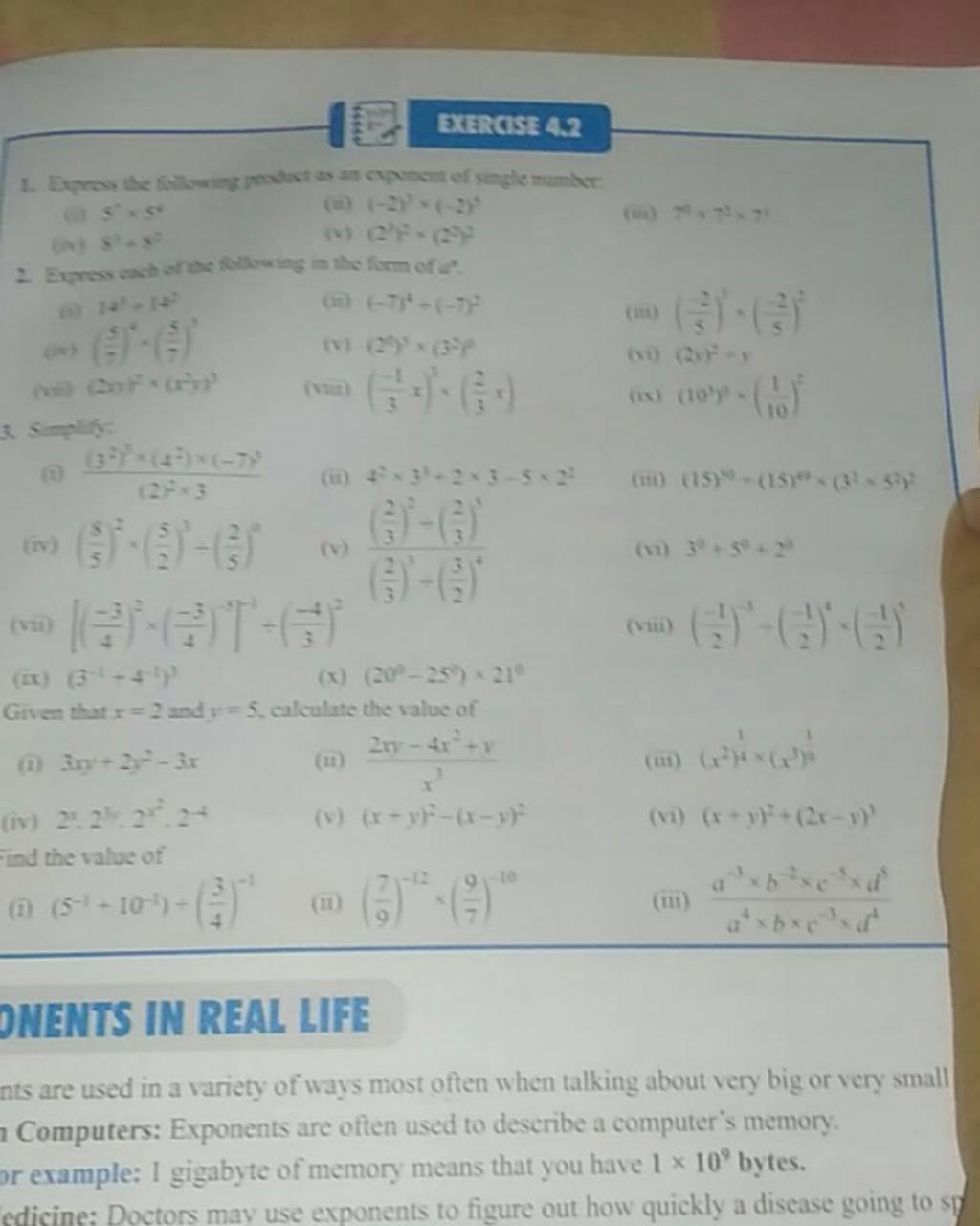 (3−1−4−1)3 (x) (20∘−25)×21∘ Given that x=2 and y=5, calculate the value