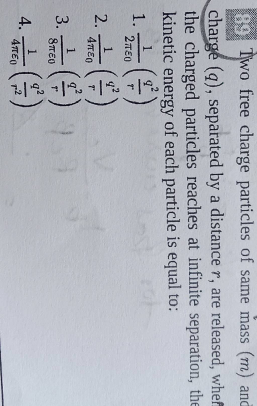 Two free charge particles of same mass (m) and charge (q), separated by a..