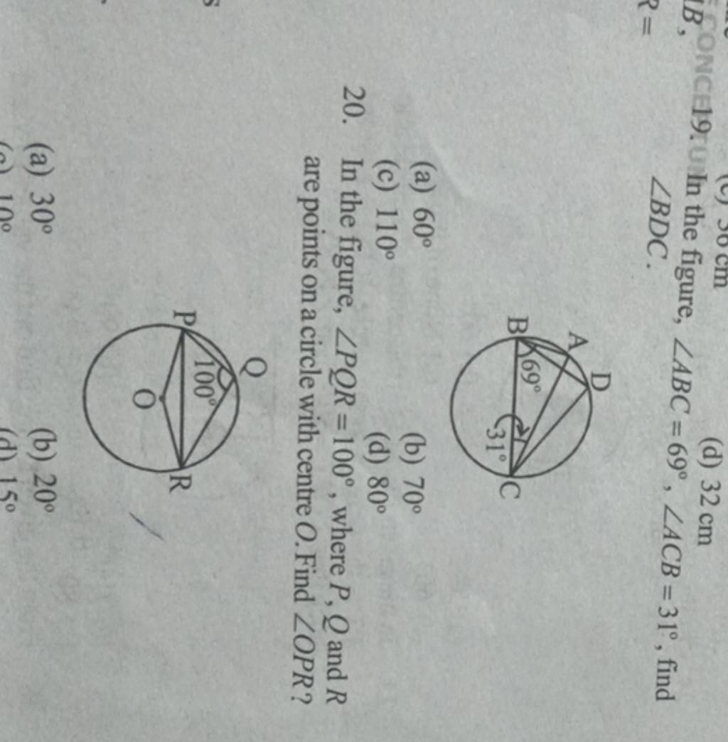 In the figure, ∠PQR=100∘, where P,Q and R are points on a circle with cen..