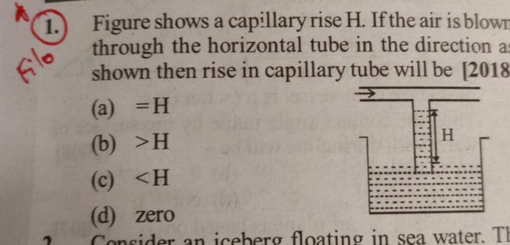 (1.) Figure shows a capillary rise H. If the air is blow through the hori..