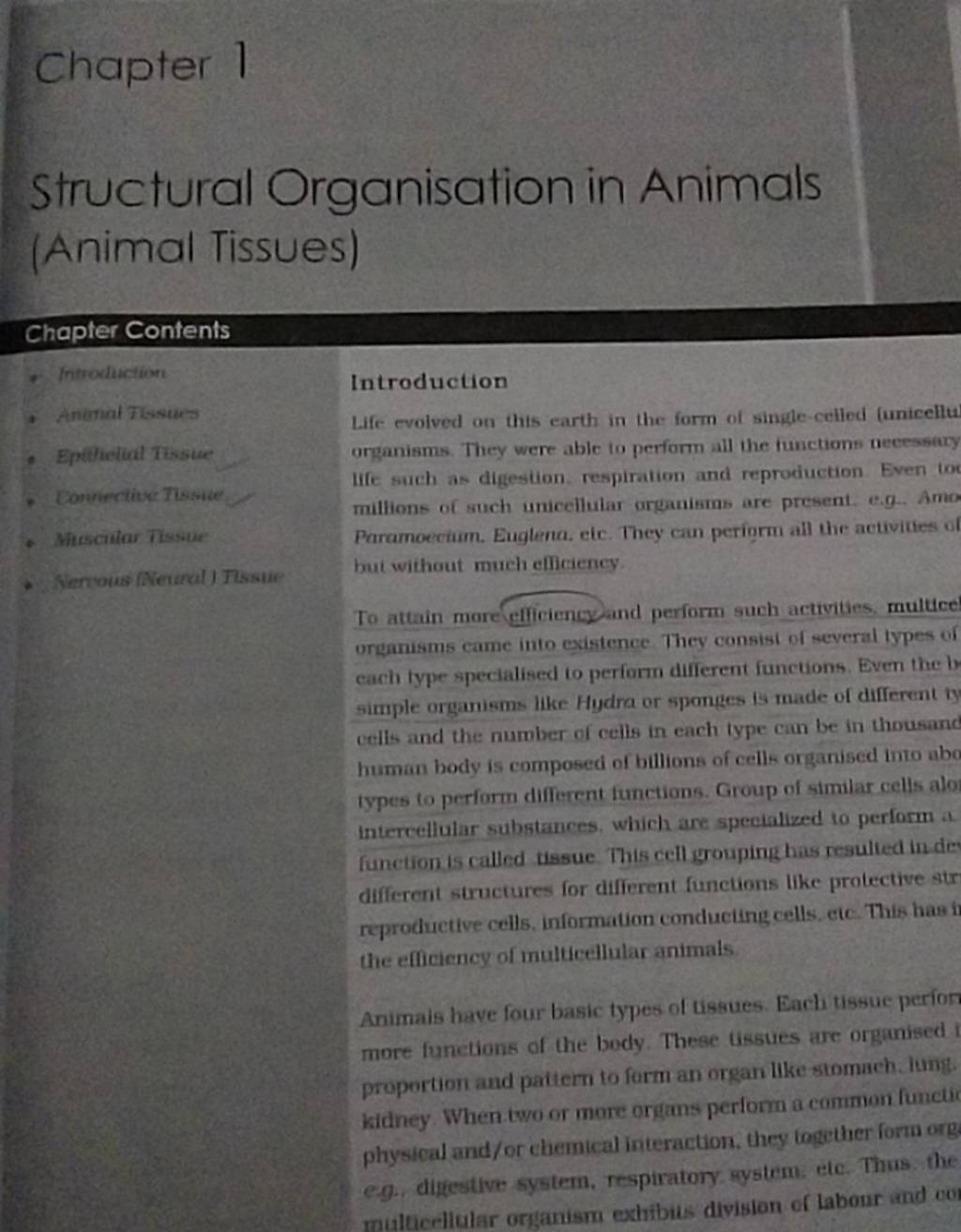 Chapter 1 Structural Organisation in Animals (Animal Tissues) Chapter Con..