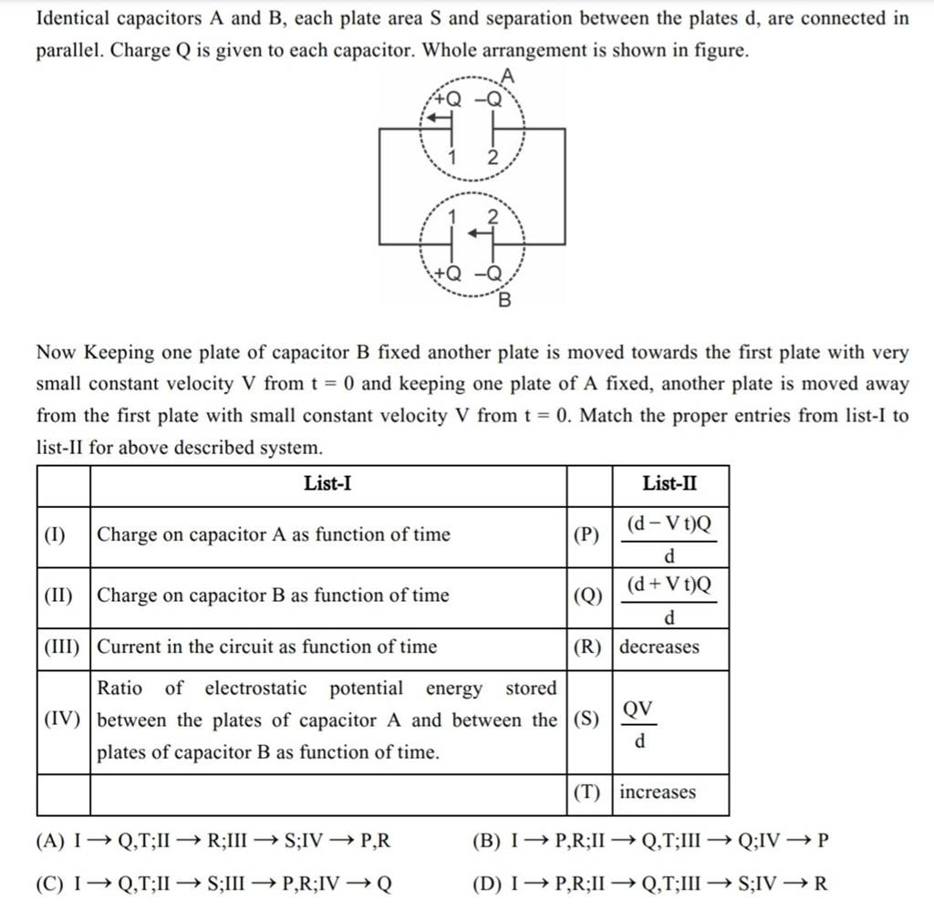 Identical capacitors A and B, each plate area S and separation between th..